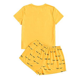 WDIRARA Women's Cute Cartoon Print Closed Eyes Print Tee and Shorts Pajama Set Yellow S