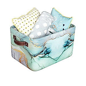 Qumstemily Marble Storage Bins for Shelves, Jade Texture Green Teal Collapsible Storage Boxes Basket for Bedroom/Kitchen, Closet Organizers with Handle, Marble Ink Paint Storage Cubes - 2 Pack