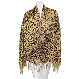 Cirrus Animal Print Fringed Shoulder Pashmina Feel Wrap Scarf - Leopard Patterns
