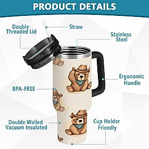Flradish 40oz Tumbler with Handle, Funny Cowboy Bear Stainless Steel Tumbler with Lid and Straws Double Wall Vacuum Insulated Leakproof Coffee Travel Mug