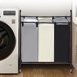 VEVOR 3-Sections Laundry Basket, Heavy Duty Laundry Hamper Storage Organizer, Laundry Sorter Cart with Heavy Duty Lockable Wheels for Dirty Clothes in Laundry Room Bedroom