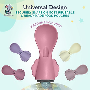 LittleWhispers Stage 1 Baby Pouch Spoon Attachment - 5 Pack Small Spoons - Travel Case Included - Silicone Baby Food Pouch Spoon Tops - Squeeze Baby Pouch Topper