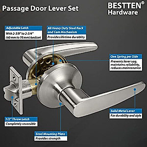 BESTTEN Passage Door Lever Lock Set with Removable Latch Plate, Roma Series, No Locking Door Handle for Hallway or Closet, Satin Nickel