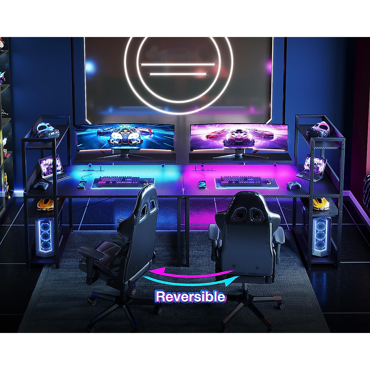 ODK Reversible Gaming Desk with USB Charging Port and LED Lights, 40 Inch Computer Desk with Storage Shelves & Monitor Stand, Study Table for Home Office, Small Space Bedroom, Carbon Fiber Black