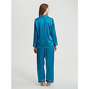 Honypove Silk Pajamas for Women Long Sleeve Satin Womens Pajama Sets Two-piece Button-Down Sleepwear Pjs (Small, Green)