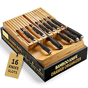 High-Grade 100% Bamboo Knife Drawer Organizer - 16 Knife Slots Plus a Sharpener Slot, Knife Organizer for Kitchen Organization, Durable, Secured, Practical, Eco-Friendly, Knife Block without Knives.