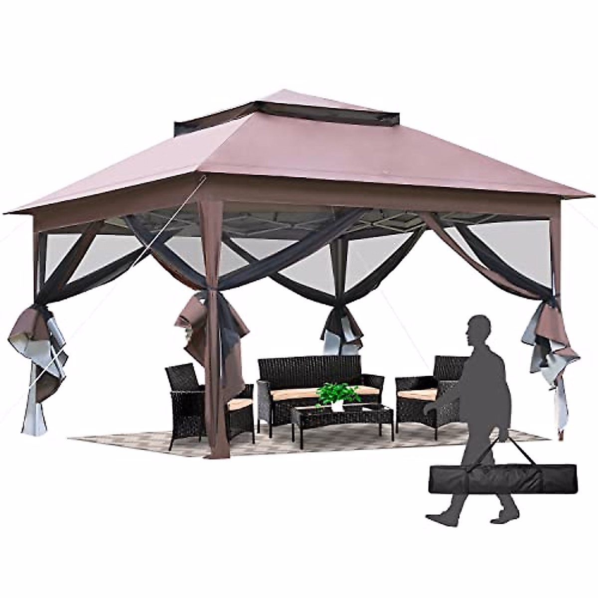 10'x10' Pop Up Gazebo Outdoor Canopy Gazebo Patio Canopy Gazebo with Mosquito Netting Double Roof Tops for Outdoor Garden Backyard and Patio,Brown