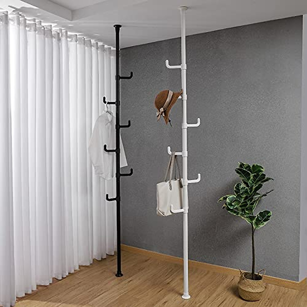 Black Clothing Rack Drying Racks ，Adjustable Laundry Pole Clothes Drying Rack Coat Hanger DIY Floor to Ceiling Tension Rod Storage Organizer for Indoor, Balcony - Black