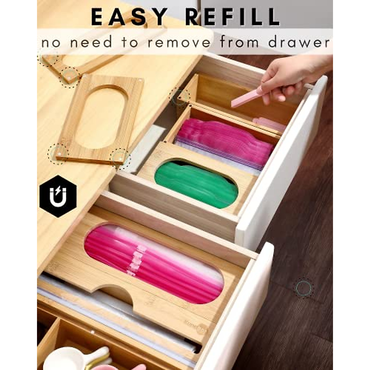 KUNABOO Bamboo Storage Bags Organizer, 5 Boxes Set Drawer Organizer for Plastic Storage Bags and Foil Plastic Wrap Cutter Dispenser (FSC Certified eco-Friendly Bamboo), Sandwich Bag Organizer