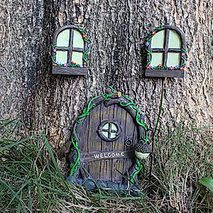 CALIDAKA 3pcs Miniature Fairy Gnome Home Window and Door Lamp for Trees Decoration,Stone Shape Glow in Dark Fairies Sleeping Door and Windows for Yard Art Garden Noctilucence Sculpture