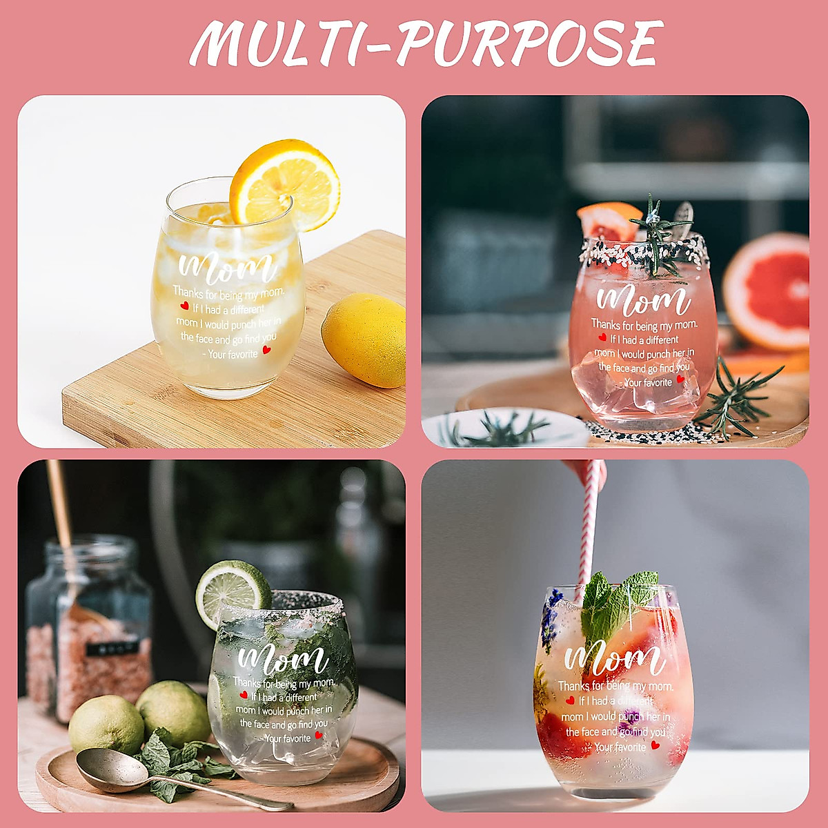 DAZLUTE Mothers Day Gifts, Thanks For Being My Mom Stemless Wine Glass for Mom Mother Stepmom Mother in Law, Best Mom Ever Gifts from Daughter Son, Mothers Gifts Ideas for Birthday Christmas, 17Oz