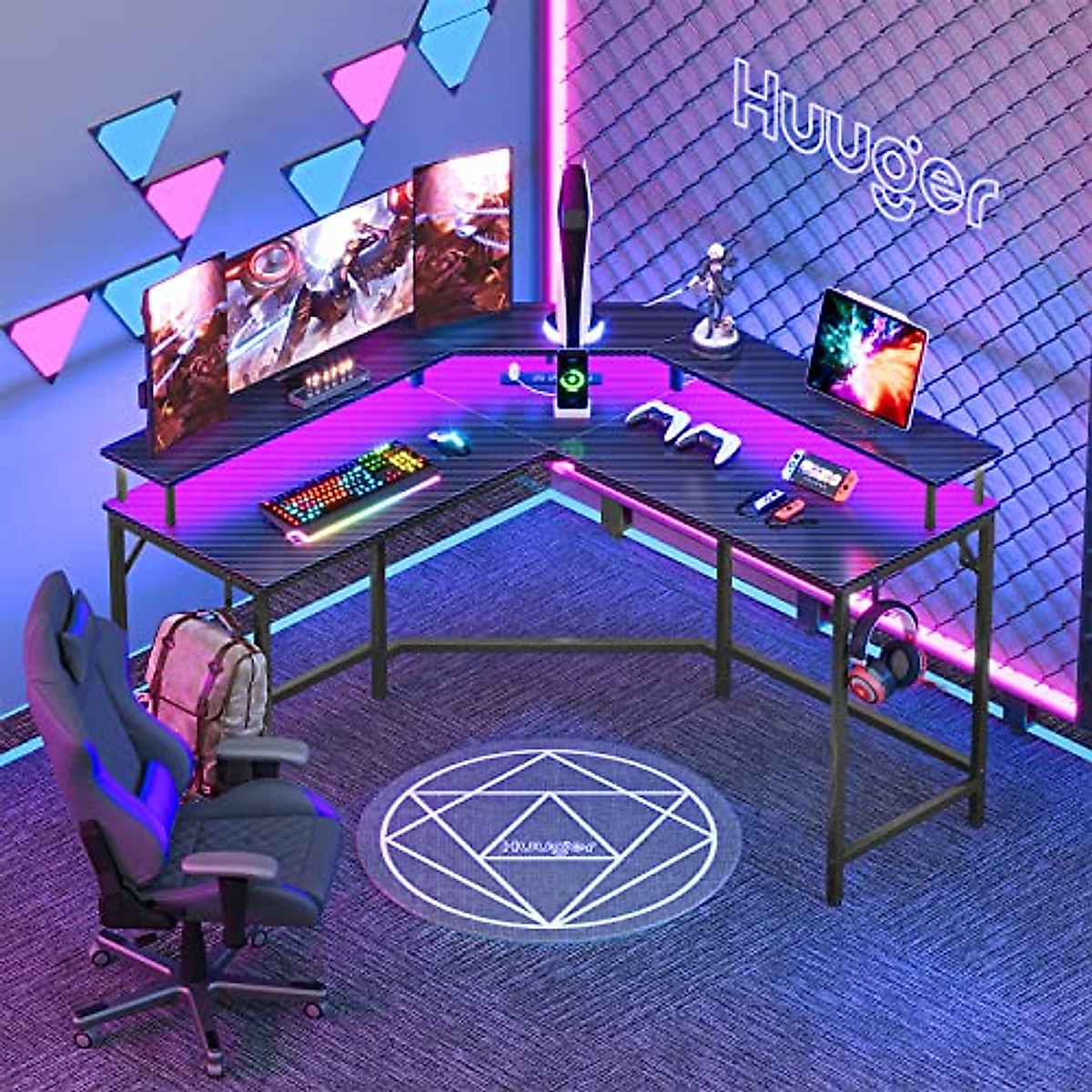 Huuger L Shaped Gaming Desk with Power Outlets & LED Lights, Computer Desk with Monitor Shelves, Carbon Fiber Surface, Home Office Desk, Corner Gaming Desk with Hooks, Black