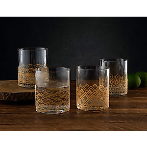 Mikasa Art Deco Set of 4 Double Old Fashioned Whiskey Glasses, 4 Count (Pack of 1), Gold