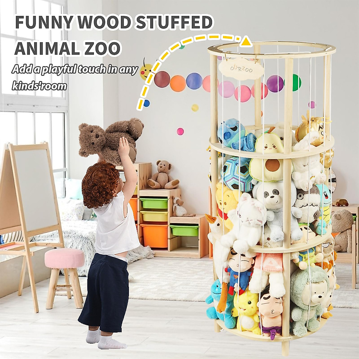Viyuse Stuffed Animal Zoo Storage Extra Large Wooden Stuffed Animal Holder Soft Toy Organizer Nursery Zoo Cage Plush Stuffed Toy Cage Kids Playroom Bedroom Decor Display Corner Roundness