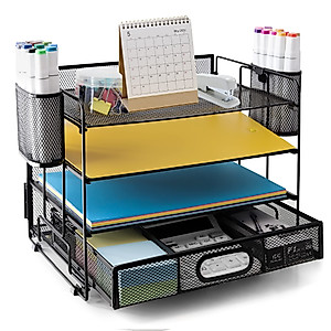 Zikopomi Black Professional Desk Organizer with 3 Compartments, Pen Holder, Drawer, Letter Tray for Office, School, Home