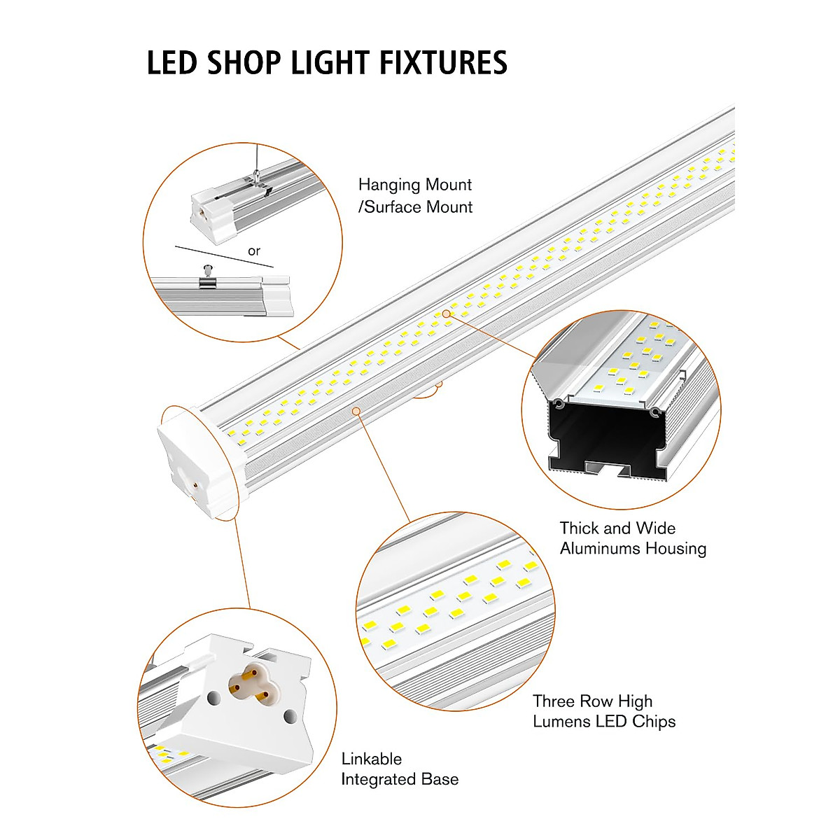 ONLYLUX 8 Pack 4FT Linkable LED Shop Light for Garage, Workshops, 6500K Cool Daylight 50W (300w Equivalent), Plug and Play, Hanging or Surface Mount, with Power Cord and On/Off Switch, ETL Certified