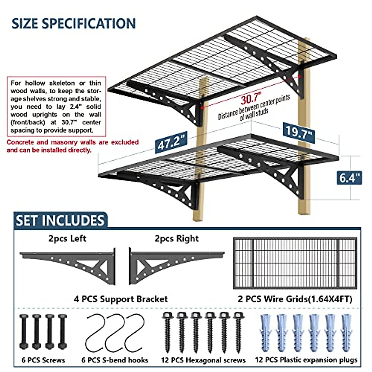 Sanhang 2Pack 1.64x4ft Garage Storage Rack, for Garage, Storage Room Wall Mounted Shelf (Black)