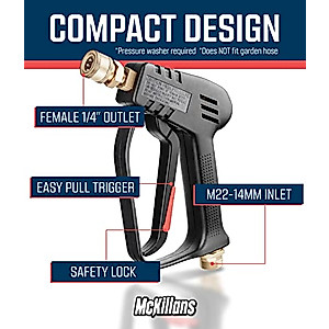 McKillans Short Pressure Washer Gun with Replacement M22 Inlet- High Pressure Water Handle with 1/4” Quick Connector Coupler - Power Washer Gun Compatible with Foam Cannon - Car Wash Foam Gun