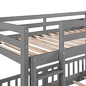 Twin Over Twin Low Bunk Bed for Kids, Ladder and Slide Can Be Interchanged or Remove, Solid Wood Bunk Bed Can Be Converted into Loft Bed (Gray + Fence Can Be Deleted)