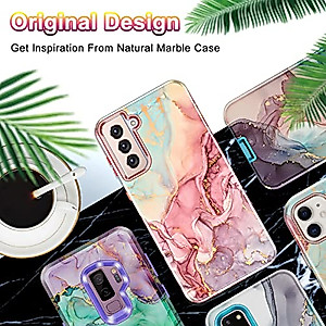 Btscase for Samsung S21 FE 5G 2022 Case, Marble Pattern 3 in 1 Heavy Duty Shockproof Full Body Rugged Hard PC+Soft Silicone Drop Protective Women Girl Cover for Samsung Galaxy S21 FE 5G, Rose Gold