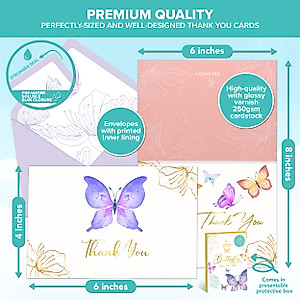 Decorably Thank You Cards with Envelopes & Stickers, Gold-Foiled Kid Cards - 24 Pack Butterfly Thank You Cards with Envelopes Butterfly, Blank Inside 6x4in Thank You Cards Butterfly Note Cards