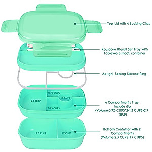 LEITAO 29 Packs Bento Box Kids Adult Lunch Box Container, 1900ML 3 Layer Stackable Lunch Box for Adults/Kids, Multiple Compartments Bento Box With Built-in Utensil Set, DIY Accessories, Bags (Green)