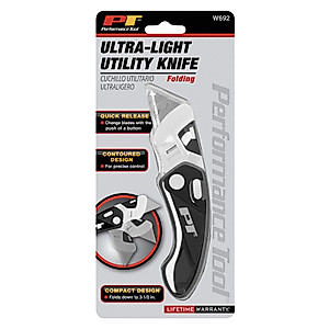 Performance Tool W692 Slim and Lightweight Utility Knife - High Impact ABS, Push-Button Blade Change, and Slide-Release Button for Safety