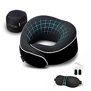 Proglobe Orthopedic Neck Pillow, Travel Neck Pillows for Airplanes, Memory Foam Kit, 360° Head Support, Airplane Pillow Set with 3D Contoured Eye Masks, Earplugs, and Luxury Mesh Bag (Black)