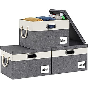 ASXSONN Large Storage Bins with Lids, Fabric Storage Bins with Label & 3 Handles, Foldable Storage Boxes with Lids, Storage Baskets with Lids for Organizing Home Office (15"x11"x9.6", Grey&White, 3 Pack)