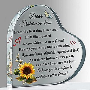 YWHL Sister in Law Birthday Gifts, Unbiological Sister Gift, Heart Shape Glass Keepsake Decor Anniversary Wedding Gifts for Sister In Law, Thanksgiving Christmas Gift