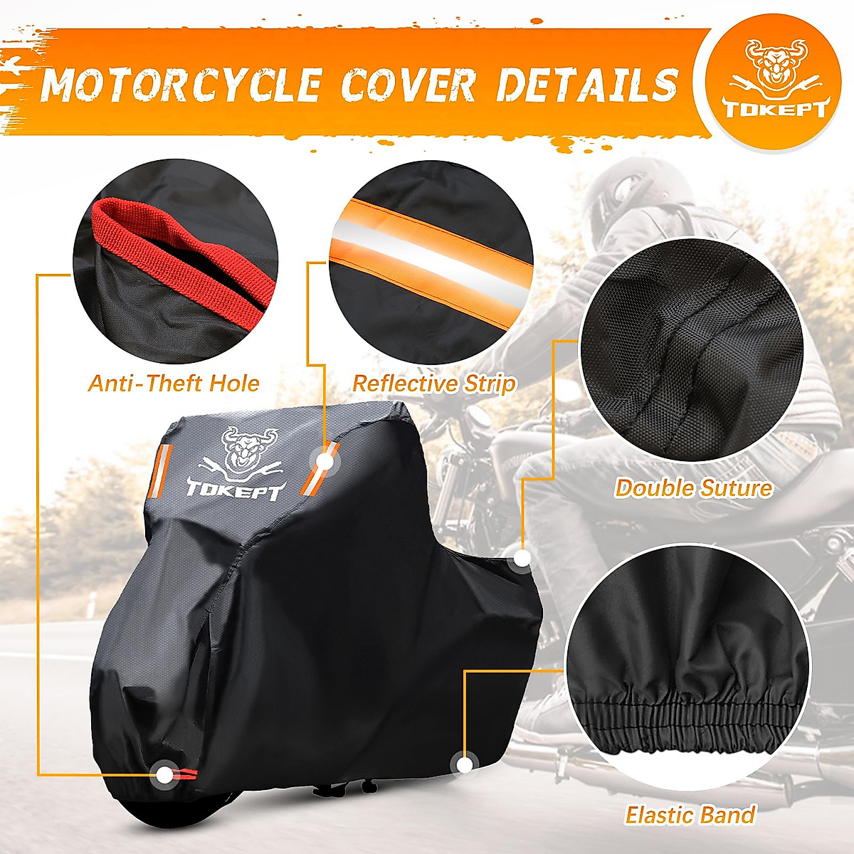 Tokept Black Motorcycle Cover, 210D Oxford Fabric All Weather Water Sun Protection, 96 inch Vehicle Cover for Harley Davidson Honda Suzuki Kawasaki Yamaha (XL)