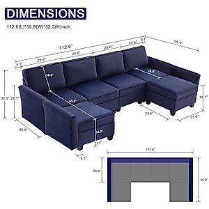 DANNRATCH Modular Sectional Sofa U Shaped Convertible Sectional Couch with Reversible Chaise, Sleeper Velvet Modular Couch with Ottomans for Living Room Furniture Sets Navy Blue