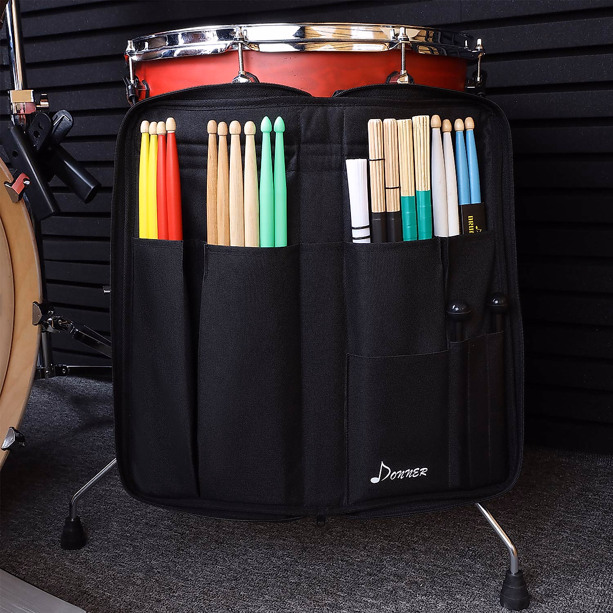 Donner Drumsticks Bag Holder Thickened Large Capacity Drum Sticks Bag Hangable Portable for Drumsticks Brushes Mallets Up to 12 Pairs, Black