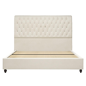 Jocisland Upholstered Bed Frame Queen Velvet Tufted Sleigh Headboard Cream