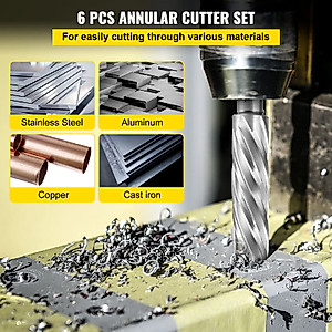VEVOR Annular Cutter Set, 6 pcs 3/4" Weldon Shank, 2" Cutting Depth and Cutting Diameter from 1" to 2", 2 Pilot Pins & Strong Case for Using with Magnetic Drills, Silver
