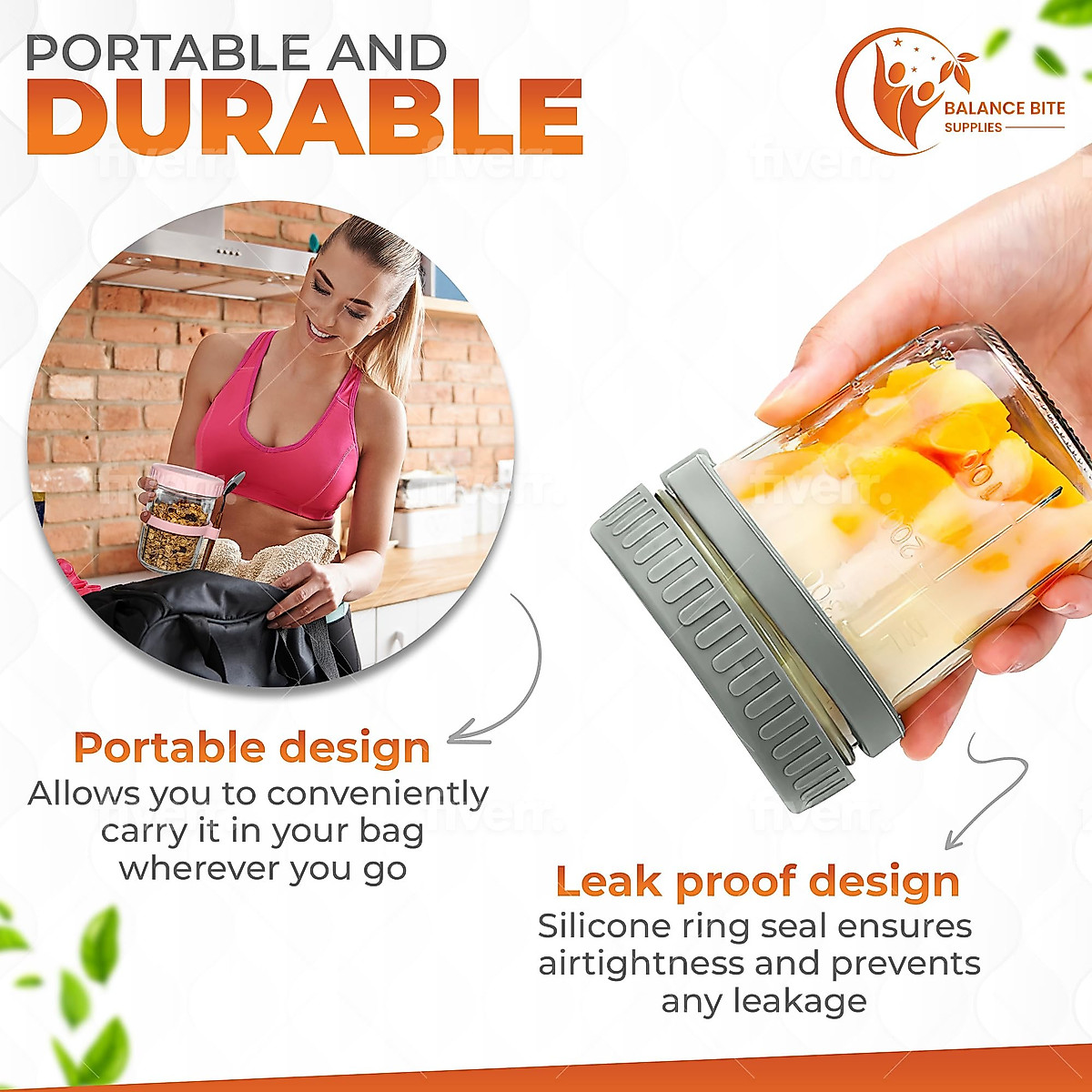 Overnight Oats Containers with Lids, Glass Jars with Lids, Set of 4 Glass Jars with Lids, Leak Proof, Meal Prep Jars, Container for Oats, Salad, and Fruit