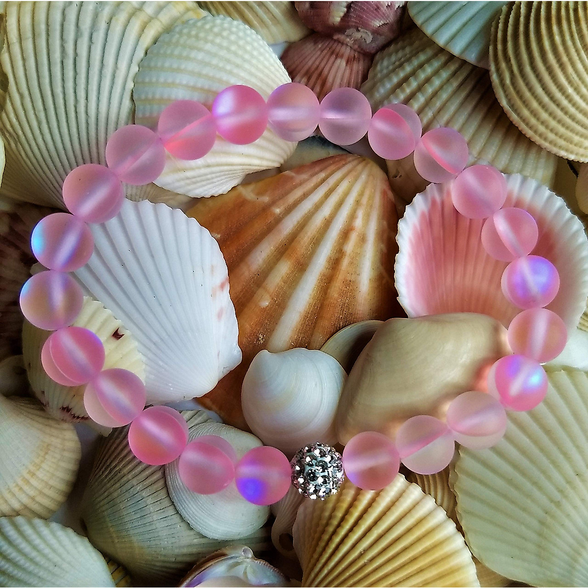 Hope Inspired Mystic Mermaid Glass Bracelet with 8 mm Pink Dazzling Moonstone Beads