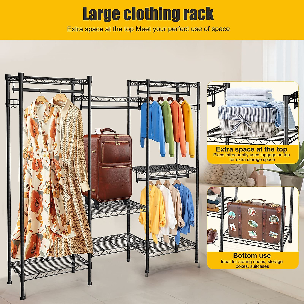 Hestiasko M3 Wire Garment Rack Heavy Duty Clothes Rack with 8 Tiers Adjustable Wire Shelving and 4 Hanging Rods/Freestanding Metal Wardrobe Closet Max Load 800lbs 68.5" L X 17.8" W X 75.0" H