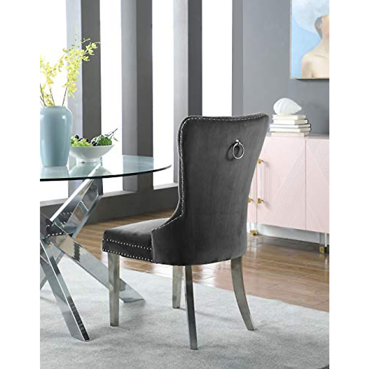 Meridian Furniture Carmen Collection Modern | Contemporary Velvet Upholstered Dining Chair with Button Tufting and Chrome Metal Legs, Set of 2, Grey, 21.5" W x 27" D x 39.5" H