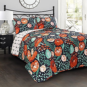 Lush Decor 3 Piece Poppy Garden Quilt Set, King, Navy