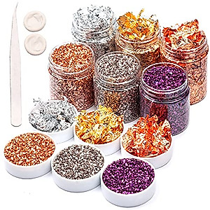 Crushed Glass and Gold Foil Flakes for Resin, 6 Box Irregular Glitter Metallic Flakes and Metallic Chips with Tweezers for DIY Resin Geode Craft and Nail Art Decorations
