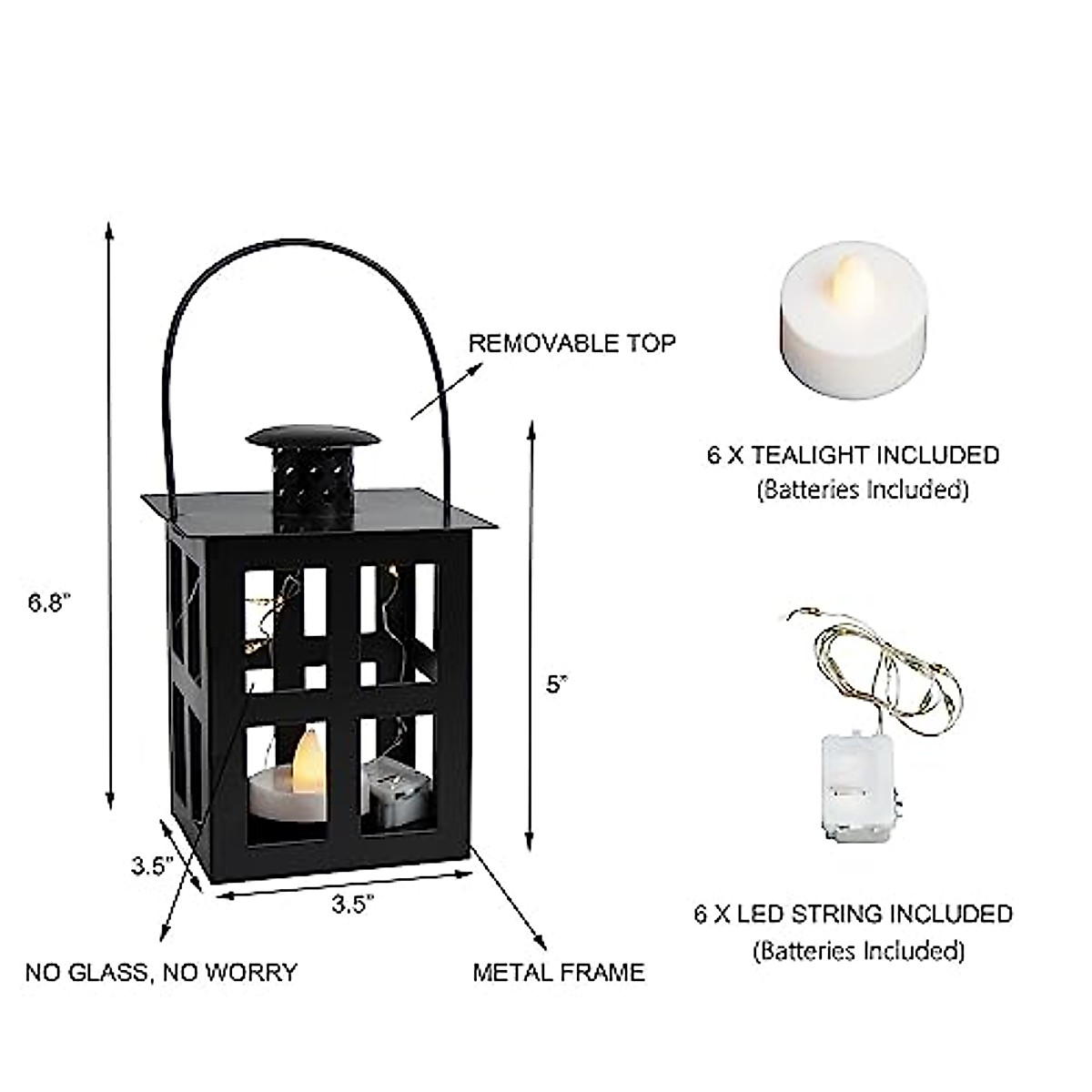 HPC Decor 6PCS Mini Lanterns Decorative for Wedding Centerpieces- Bulk Metal Candle Lanterns w/ LED Tealight & String- Modern Farmhouse Decor for Home, Party, Table, Fireplace, Shelf Decor(Black)