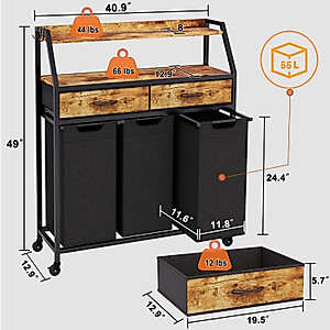 Timberer Laundry Hamper, Laundry Sorter 3 Section, Rolling Laundry Basket with Wheels, 2 Drawers, 2 Shelves, 3 × 14.5 Gal, Pull-Out and Removable Laundry Bags, Laundry Room, Black and Rustic Brown