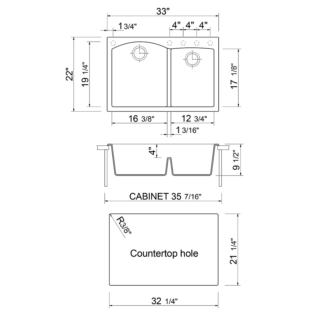Alfi Brand AB3320DI-BLA Black 33" Double Bowl Drop in Granite Composite Kitchen Sink