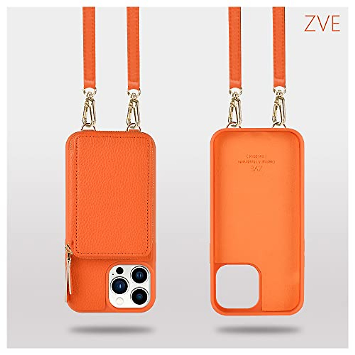 ZVE for iPhone 13 Pro Wallet Case Crossbody, Zipper Phone Case with RFID Blocking Card Holder Wrist Strap Purse Cover Gift for Women Carrying Compatible with iPhone 13 Pro (6.1 inch, 2021)-Orange