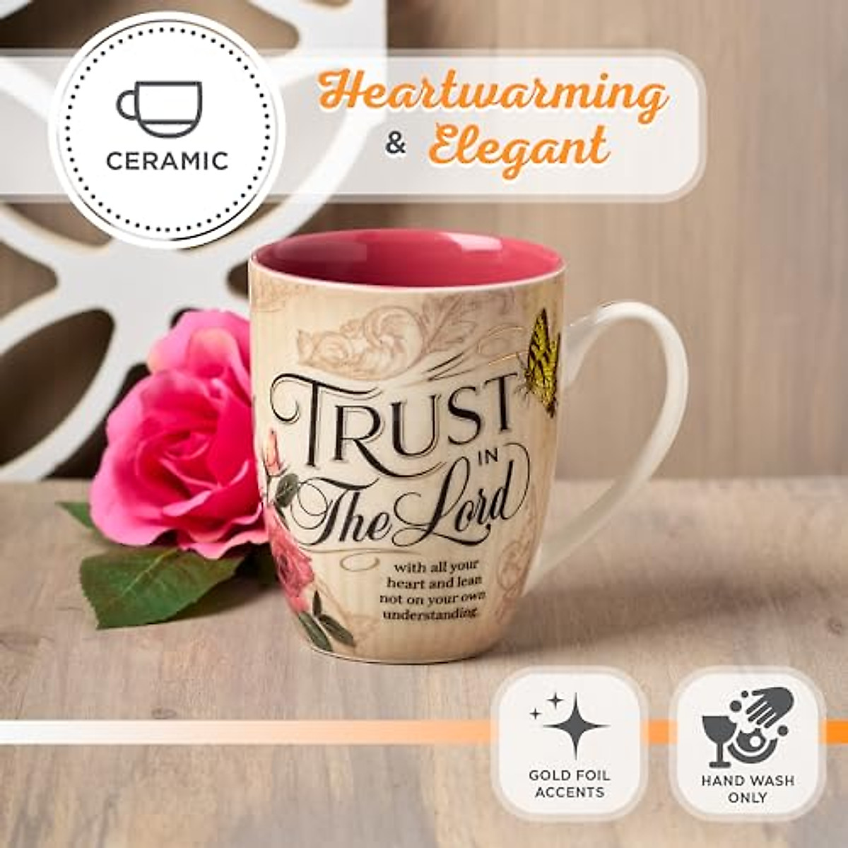 Christian Art Gifts Ceramic Scripture Coffee & Tea Mug for Women, 12 oz Inspirational Bible Verse - Trust in the Lord - Proverbs 3:5 w/Gold Accents, Rose Floral Cute Butterfly, Pink/Tan