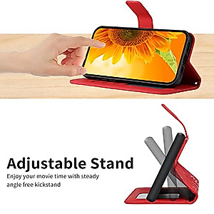 ONV Wallet Case for Oppo Realme 7 Pro - with 1.5M Strap Sunflower Flip Leather Case Embossment Card Slot Shockproof Kickstand Magnetic Cover for Oppo Realme 7 Pro [HT] -Red-T