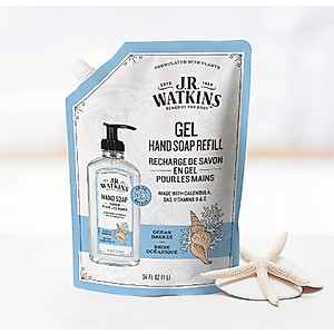 J.R. Watkins Gel Hand Soap Refill, Moisturizing Hand Wash, All Natural, Alcohol-Free, Cruelty-Free, USA Made, Ocean Breeze, 34 Fl Oz, 3 Pack