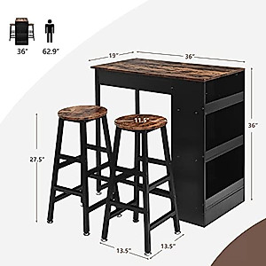 COSTWAY 3 Pieces Bar Table and Chairs Set, Counter Height Dining Table with 2 Bar Stools and 3 Shelves, Industrial Pub Kitchen Table Set for Living Room, Restaurant, Bar, Brown