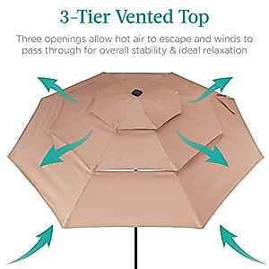 Best Choice Products 10ft 3-Tier Solar Patio Umbrella, Outdoor Market Sun Shade for Backyard, Deck, Poolside w/ 24 LED Lights, Tilt Adjustment, Easy Crank, 8 Ribs - Tan
